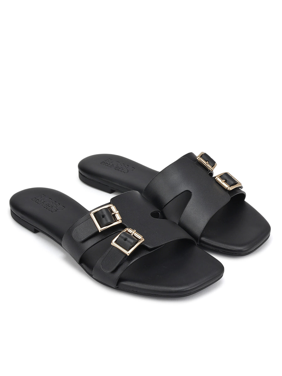 Black Double Buckle Flats – Rosso Brunello Leathers Pvt. Ltd.