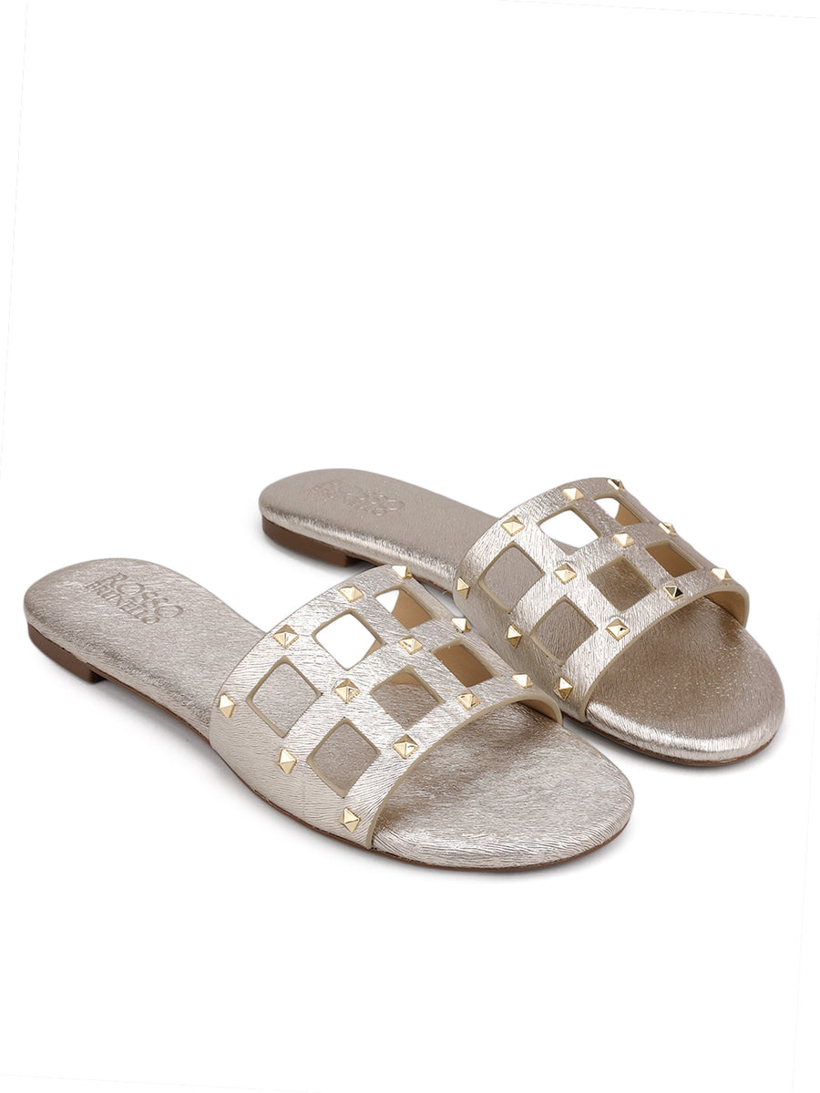 Golden Leather Stud Sliders – Rosso Brunello Leathers Pvt. Ltd.
