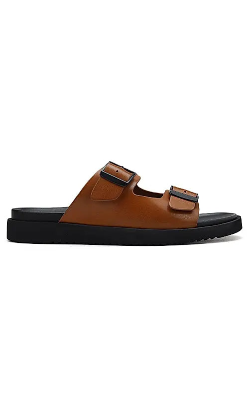 Tan Buckle Detailed Sliders – Rosso Brunello Leathers Pvt. Ltd.