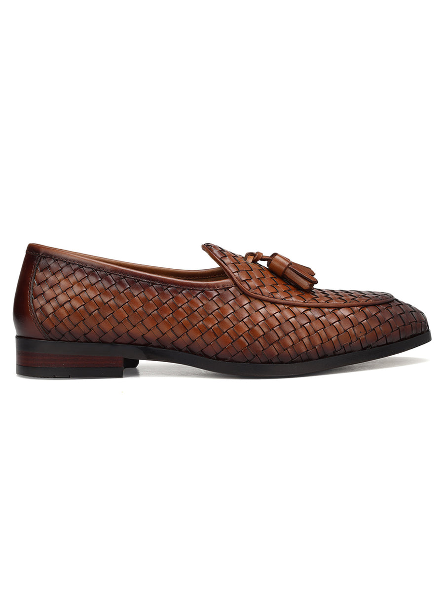 Tan Woven Leather Loafers With Tassels – Rosso Brunello Leathers Pvt. Ltd.