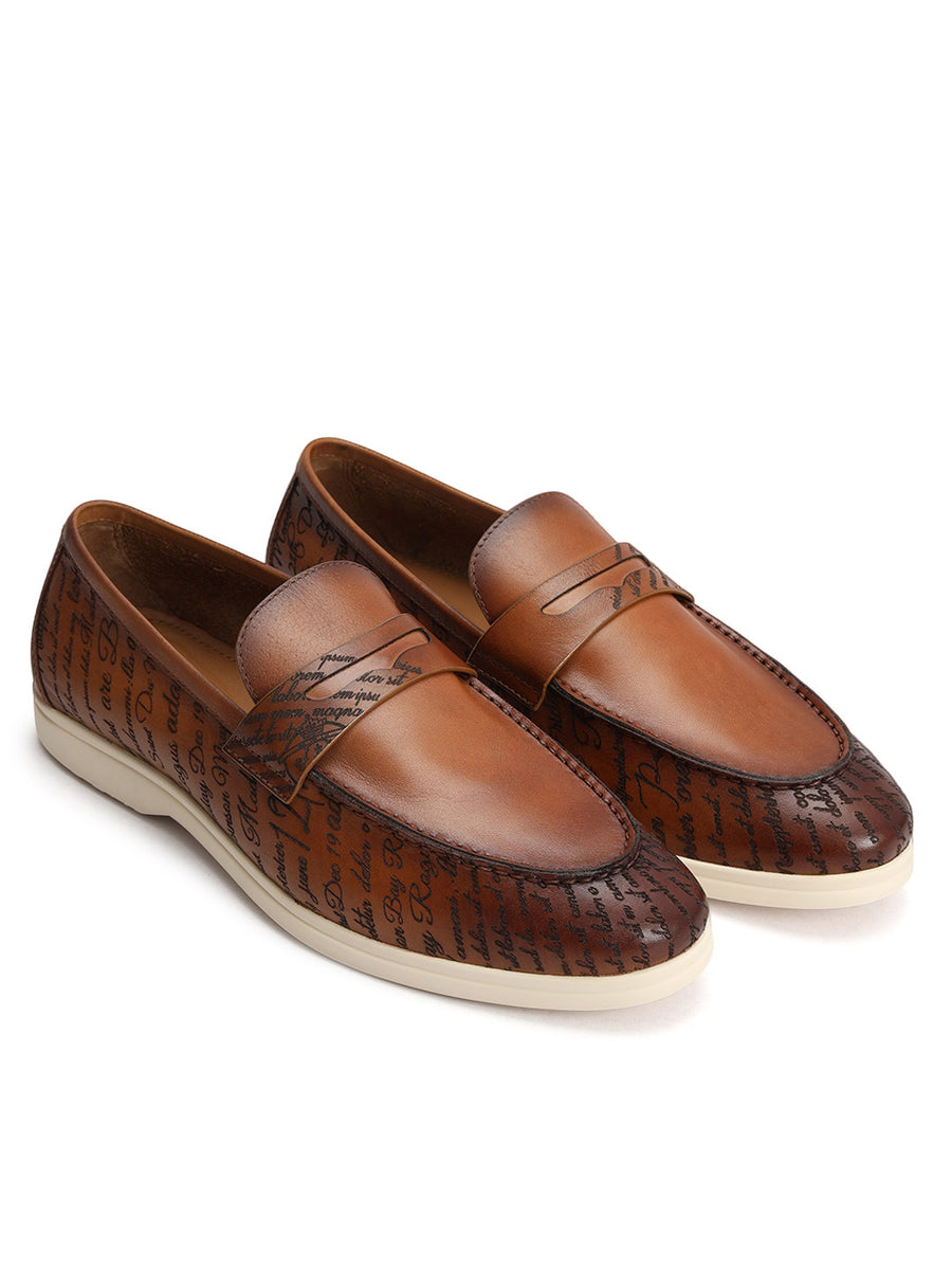 Tan Calligraphy Detail Loafers – Rosso Brunello Leathers Pvt. Ltd.