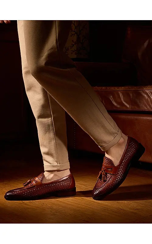 Tan Textured Loafers With Tassels – Rosso Brunello Leathers Pvt. Ltd.